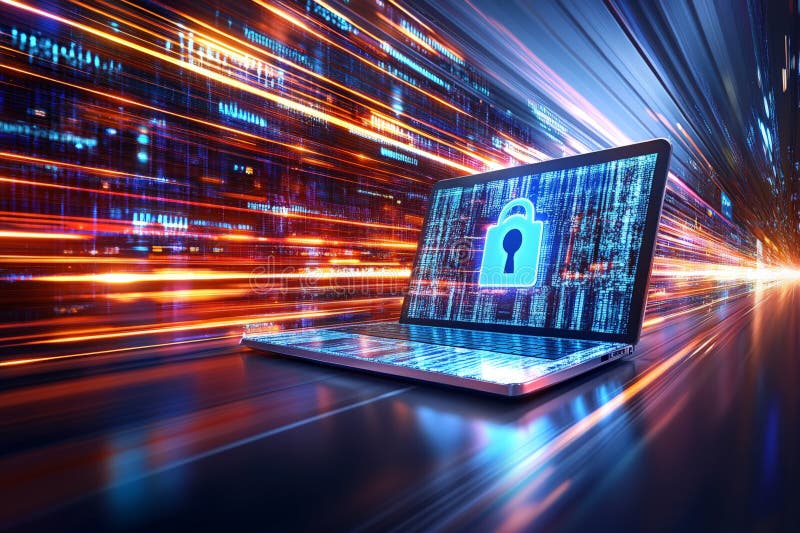 Dynamic Visual of a Laptop Amidst Streaming Data Trails and Glowing ...