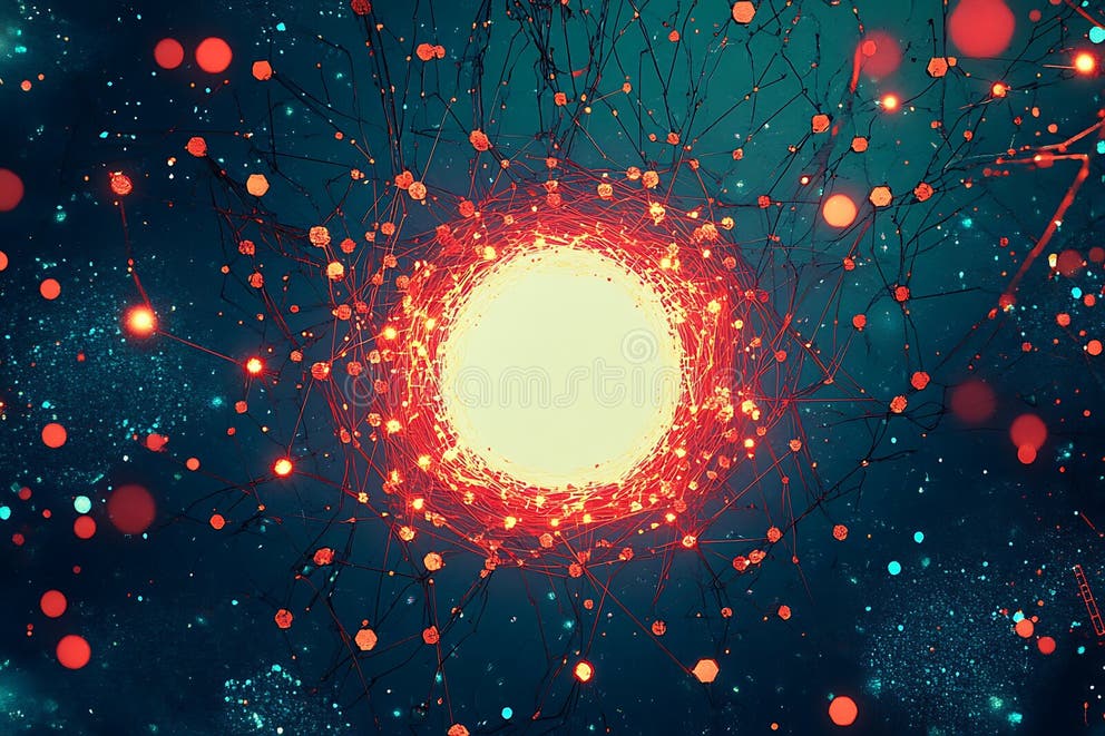 Abstract Neural Network with Glowing Red Nodes and Connections on Deep ...