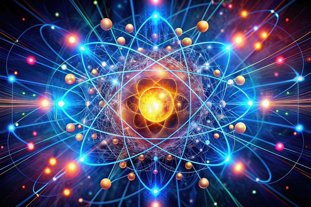 Dynamic Visualization of Atomic Structure Glowing Nucleus and Orbiting Electrons within a Dark ...