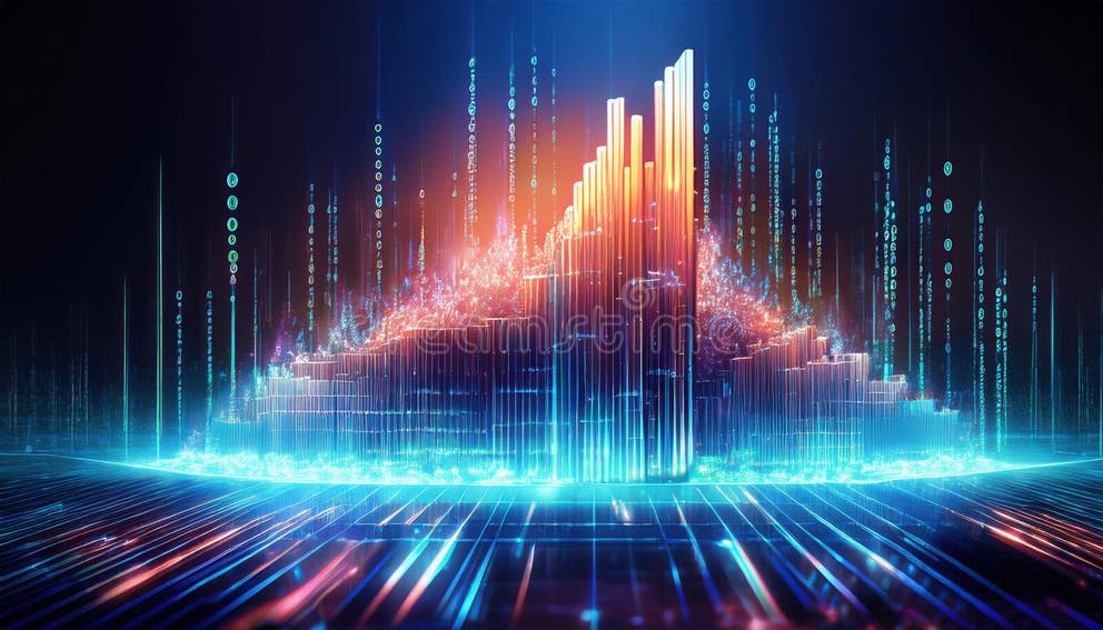Dynamic Visualization Of Binary Code Cascading Into Glowing Bar Chart Representing Data