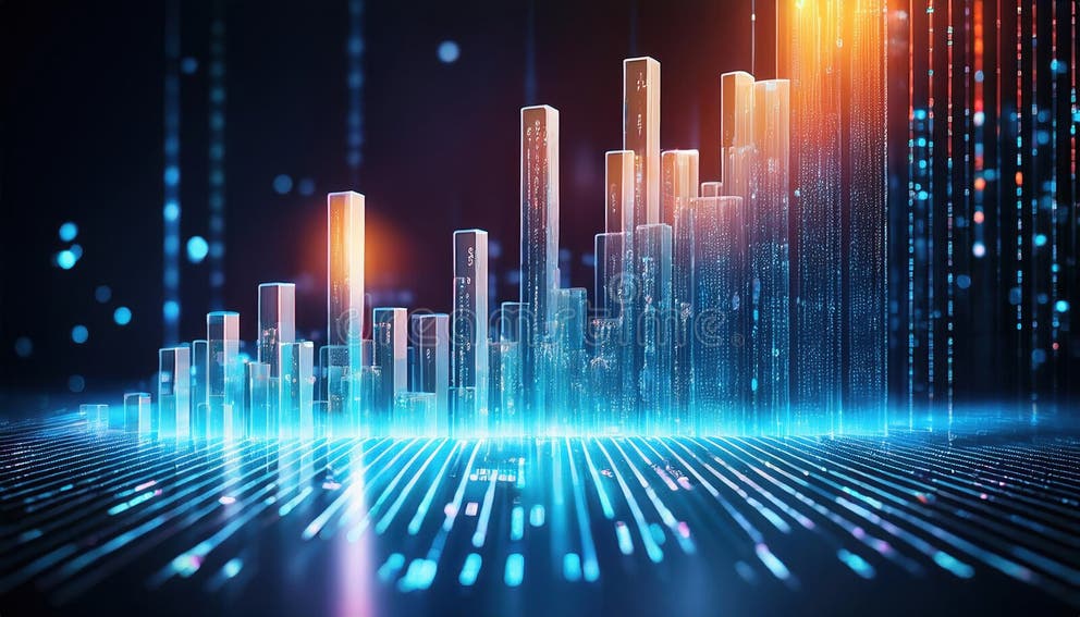 Dynamic Visualization Of Binary Code Cascading Into Glowing Bar Chart Representing Data