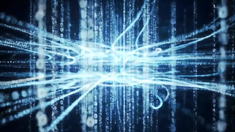 Dynamic Binary Code Streams Converging and Diverging in a Central Hub with Glowing Lines Against ...