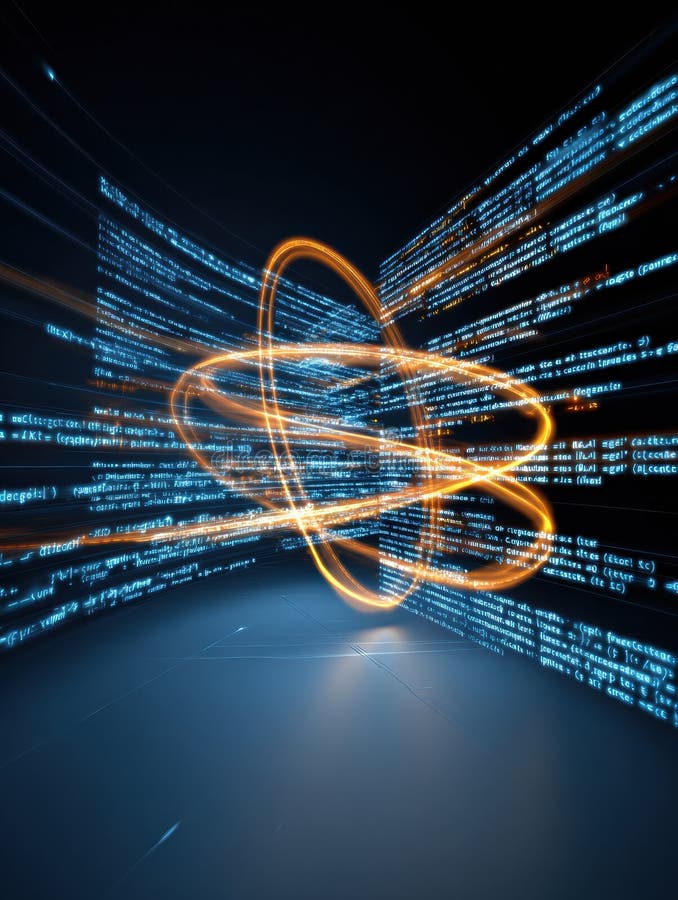 Dynamic Visualization of Data Flow with Glowing Rings and Binary Code in a Futuristic Digital ...