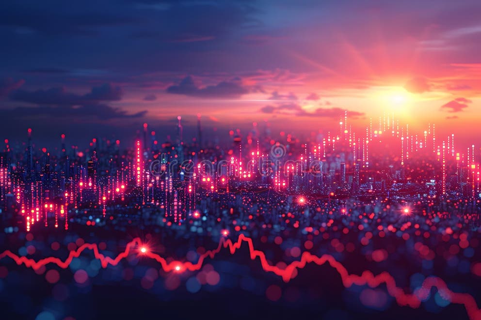 Futuristic Financial Data Visualization at Sunset: Stock Market Trends and Analysis Generative ...