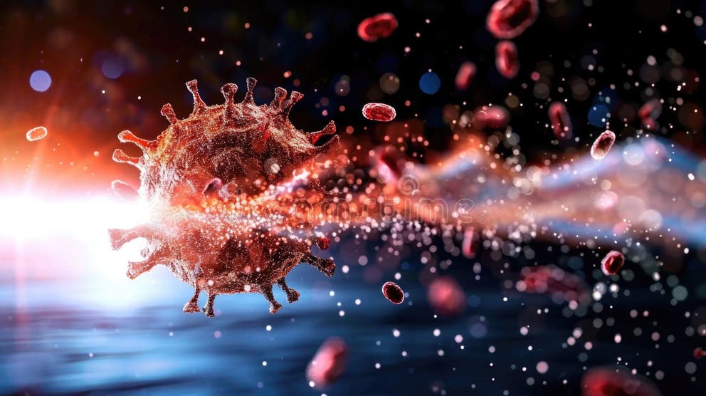 Dynamic Visualization of a Virus Cell with Red Blood Cells in Motion Stock Image - Image of ...