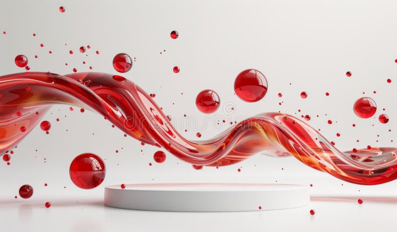 Abstract Red Fluid Wave with Floating Red and Gold Spheres on White ...