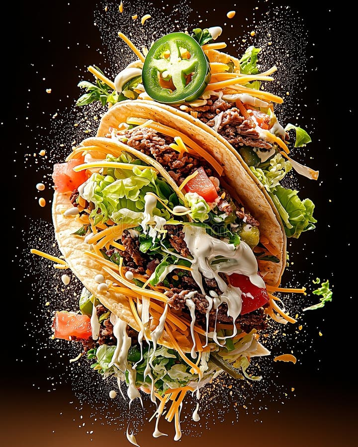 Floating Deconstructed Taco with Exploding Ingredients Stock ...