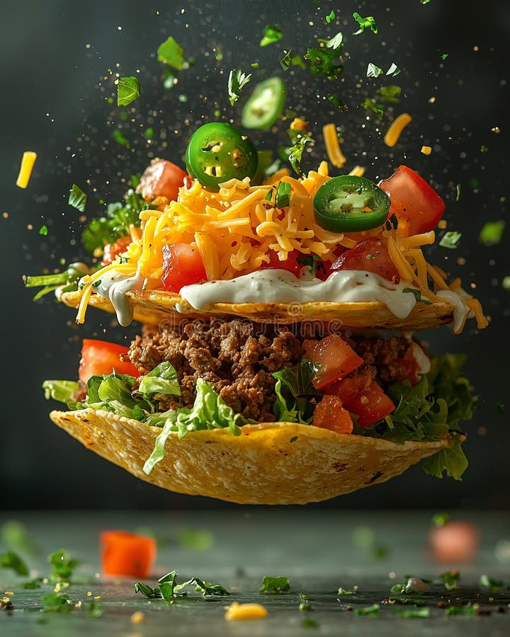 Floating Deconstructed Taco with Exploding Ingredients Stock ...
