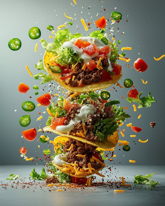 Floating Deconstructed Taco with Exploding Ingredients Stock ...