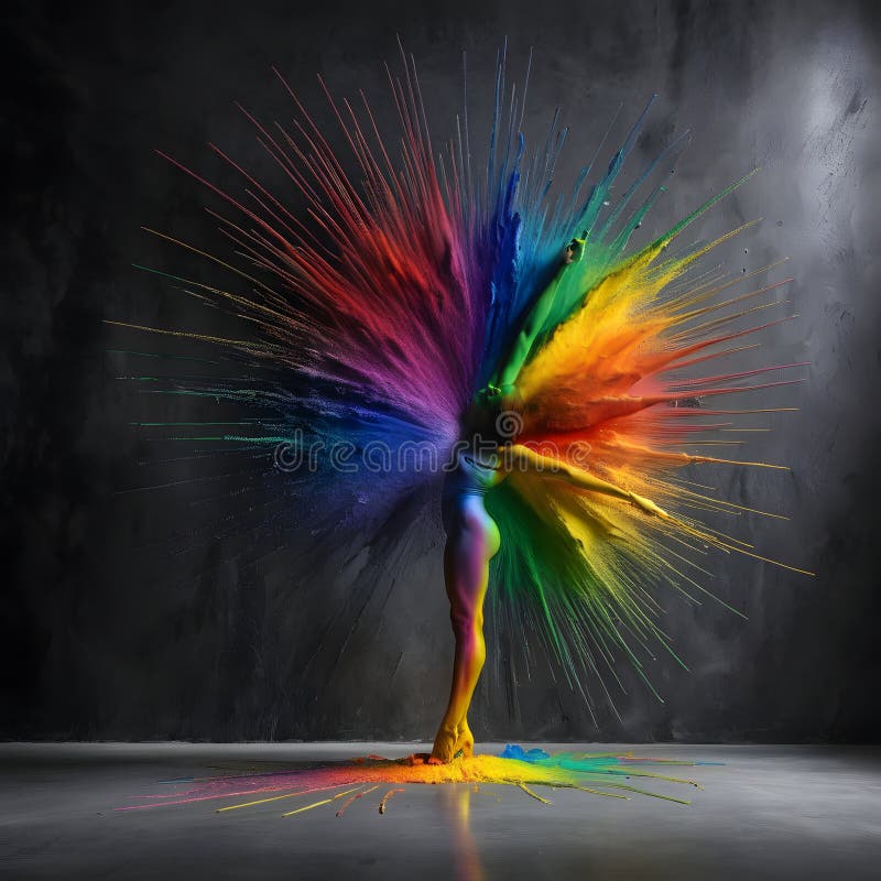 Explosive Rainbow Dance Pose with Color Powder Burst on Dark Studio ...