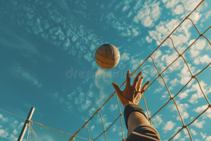 Dynamic Volleyball Game Action Shot with Ball Above Net Under Blue Sky ...