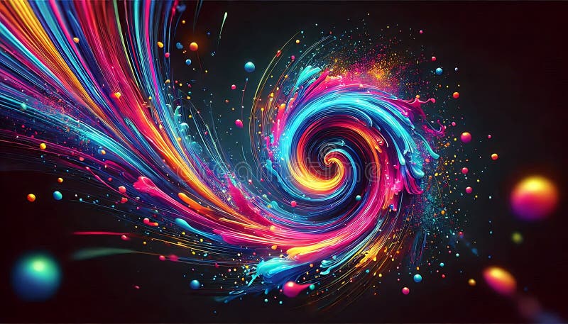 Dynamic Vortex of Glowing Paint Splashes in Neon Colors Swirling Over a ...