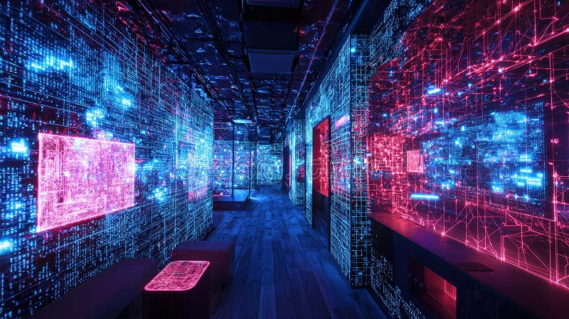 Dynamic Vr Gallery Featuring Floating Neon Shapes and Immersive Digital ...