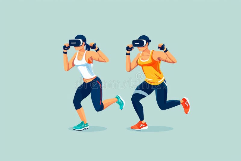 Dynamic VR Running Workout Illustration. Two Athletes in a Virtual ...