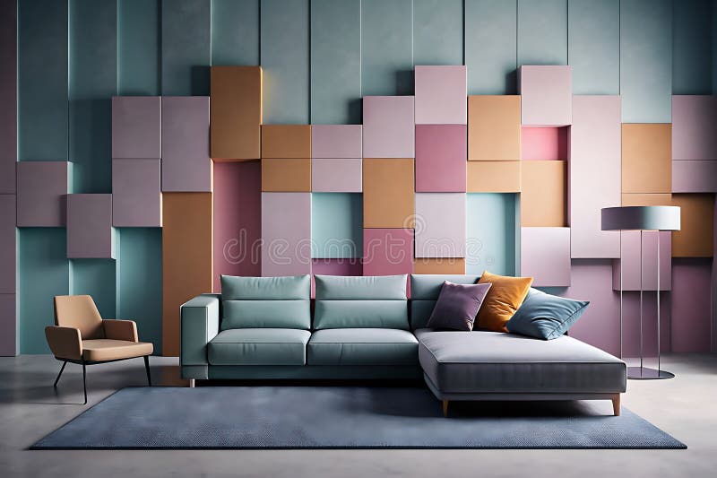 Dynamic Wall Art with Overlapping Shapes, Sleek Gray Sofa Stock Image ...