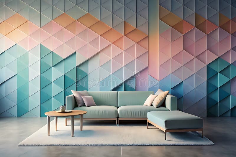Dynamic Wall with Overlapping Shapes, Sleek Gray Seating Stock Image ...