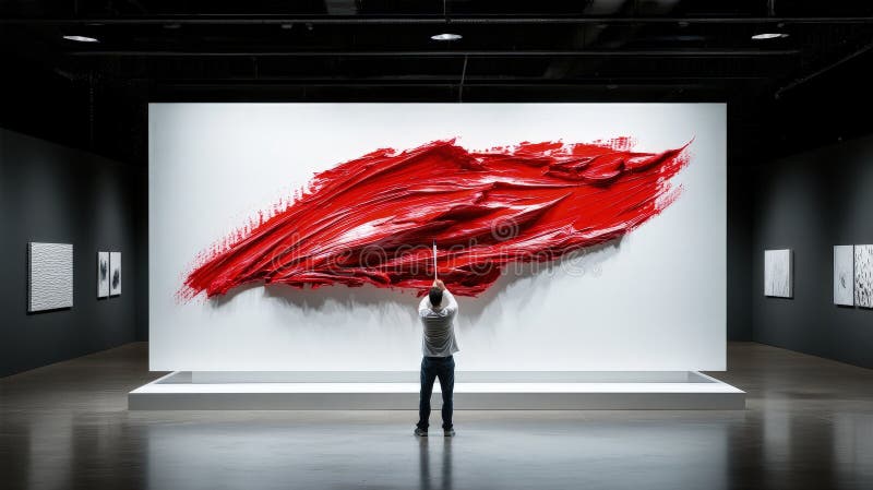 A Dynamic Wall-sized Red Brushstroke Sculpture in a Gallery Setting ...