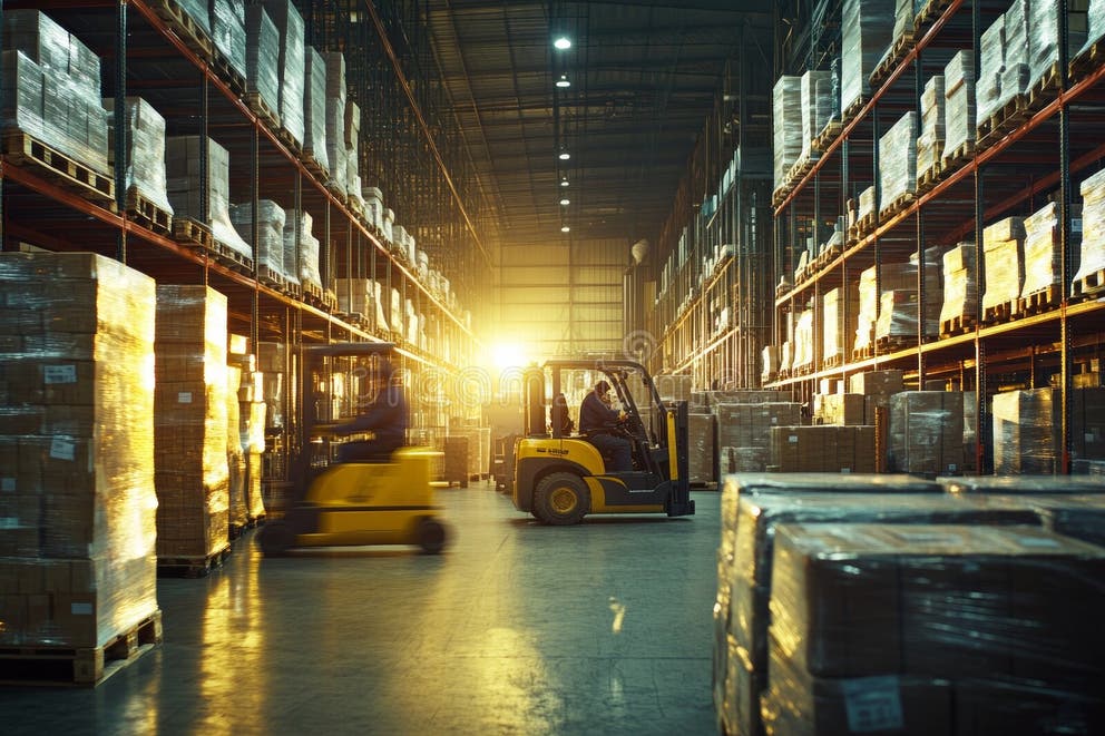 Dynamic Warehouse Activity Workers and Forklifts Amidst High Shelves of ...