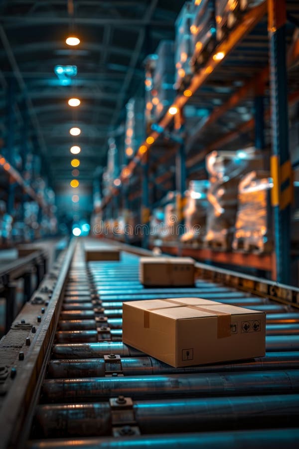 Dynamic Warehouse Environment with Conveyor Belt System in Operation ...