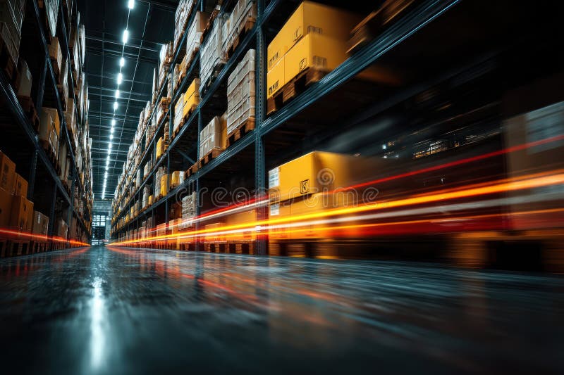 Dynamic Warehouse Interior with Stacked Boxes and Vibrant Light Trails ...