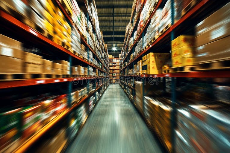 Dynamic Warehouse Scene with Shelves of Boxes and Blurred Movement ...