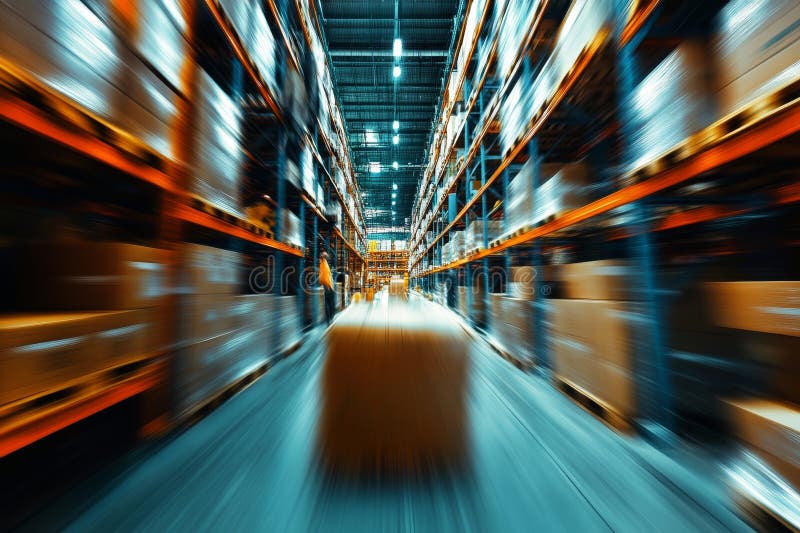 Dynamic Warehouse Scene with Shelves of Boxes and Blurred Movement in ...