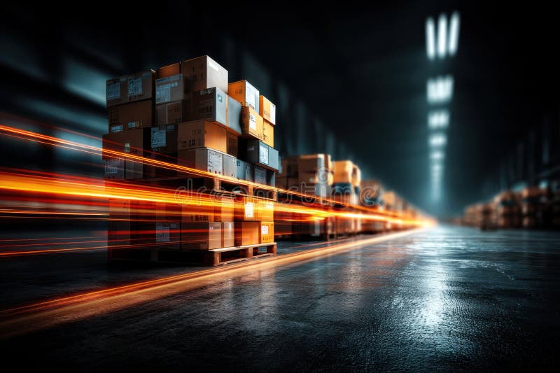 Dynamic Warehouse Scene with Stacked Boxes and Vibrant Light Trails ...