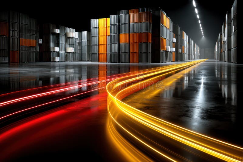 Futuristic Warehouse with Shelves and Illuminated Pallets Creates ...