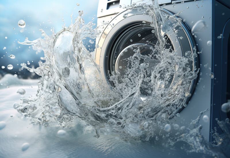 Dynamic Wash Day: Washing Machine in Splashes of Water on a Bright Blue ...
