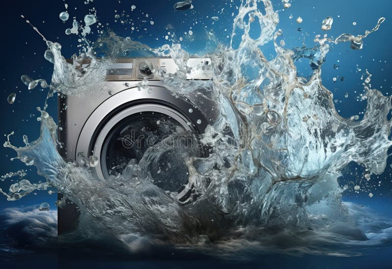 Dynamic Wash Day: Washing Machine in Splashes of Water on a Bright Blue ...