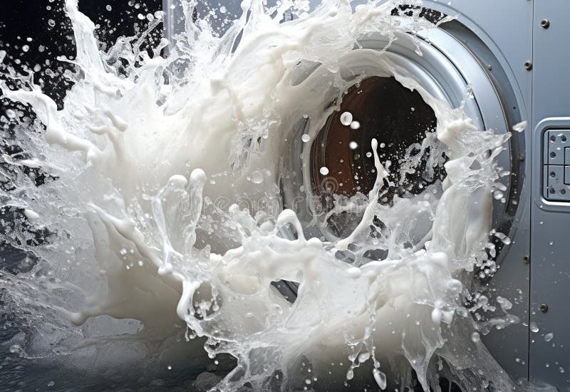 Dynamic Wash Day: Washing Machine in Splashes of Water on a Bright Blue ...