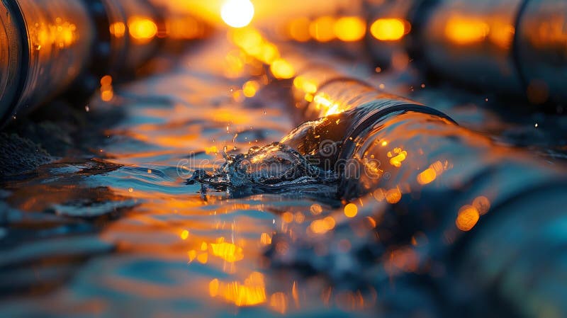 Dynamic Water Flow in Pipeline at Sunset. Generative Ai Stock ...