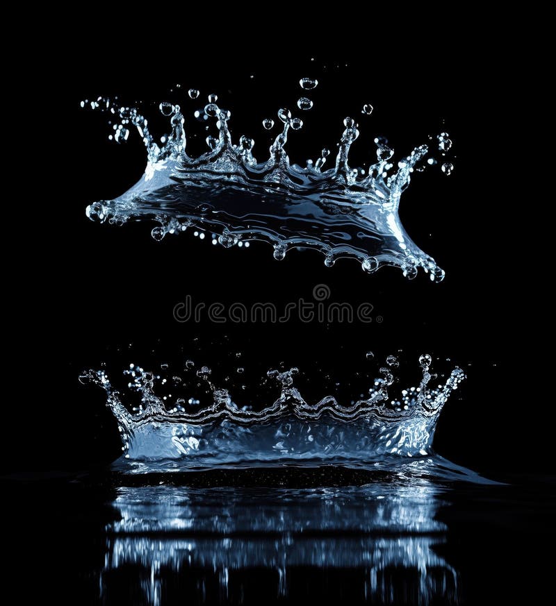 Dynamic Water Splash with Droplets Creating Crown Shapes Against Black ...