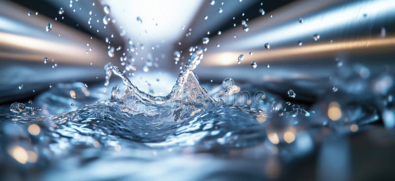 Dynamic Water Splash with Droplets Creating Ripples in a Reflective ...