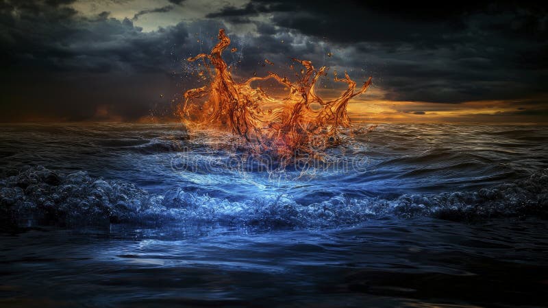 Dynamic Water Splash with Fiery Colors Ocean Scene Visual Artwork ...