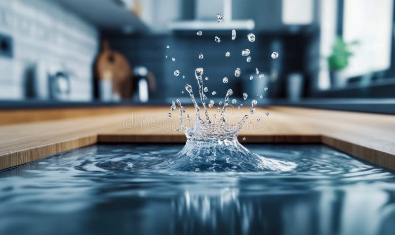 Dynamic Water Splash on Modern Kitchen Counter Stock Illustration ...