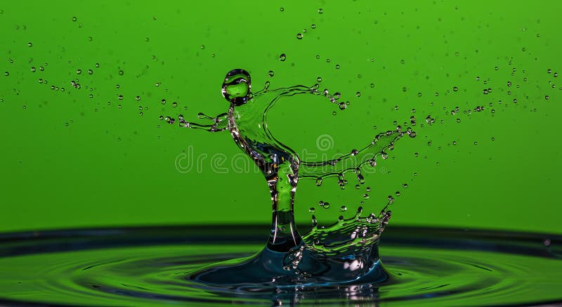 Dynamic Water Splash Sculpture Against Vibrant Green Background Stock ...
