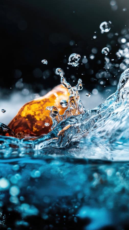 Dynamic Water Splashing Over Colored Ice Cube with Bubbles Stock Photo ...