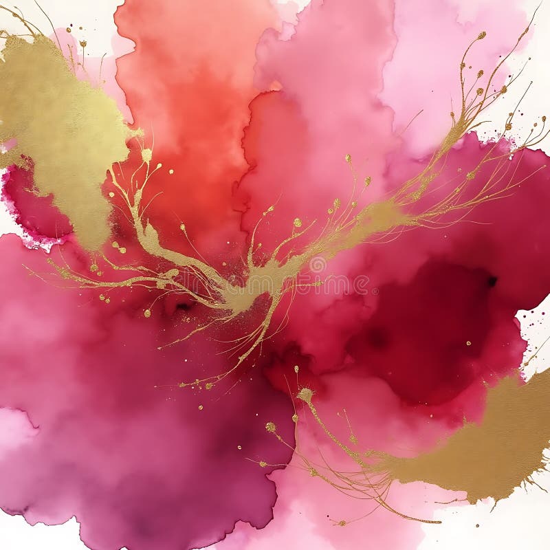 Dynamic Watercolor Composition Featuring Fuchsia Red and Metallic Gold ...