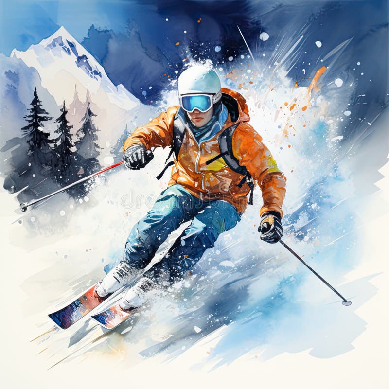 Dynamic Watercolor Illustration of Skiing in Snowy Mountains Stock ...