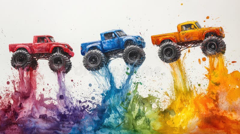 Dynamic Watercolour Border Featuring Monster Trucks on Trampolines ...