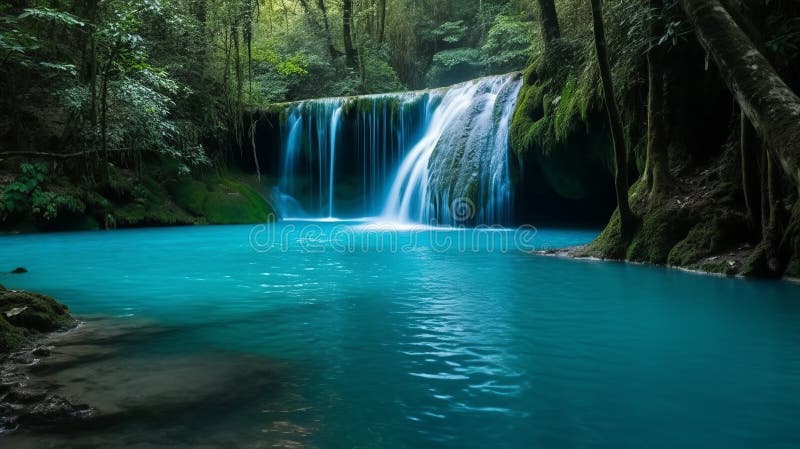A Dynamic Waterfall Flowing into a Vibrant Blue River Stock Image ...