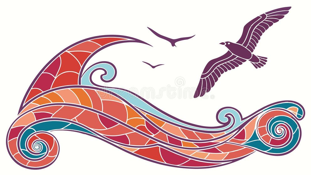 Dynamic Wave with Flying Birds, Abstract Ocean Art, Vector Design ...