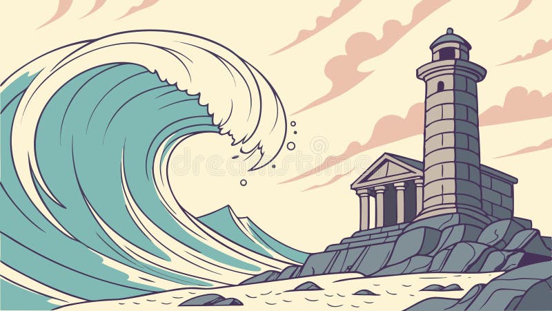Dynamic Wave by Lighthouse Rocks. Coastal Power Scene, Vector Design ...