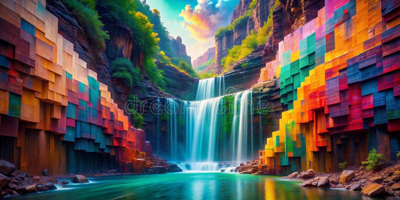 Dynamic Waves of Color Creating a Pixelated Waterfall in a Surreal ...