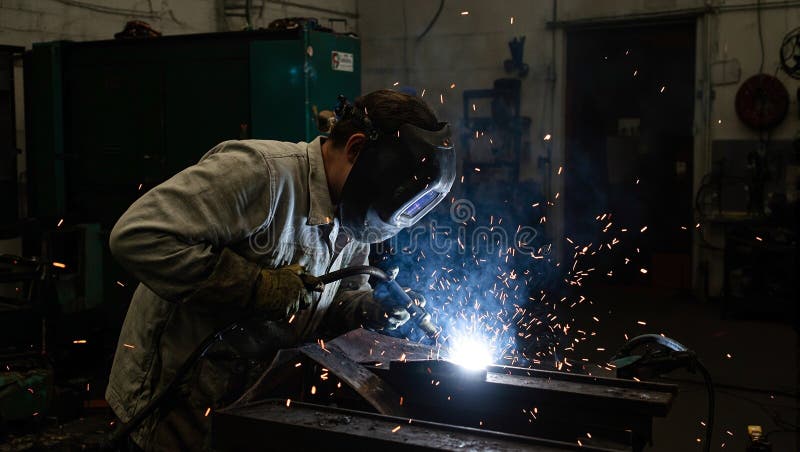 Dynamic Welding Shop Scene with Sparks Worker Welding Steel and Dancing ...