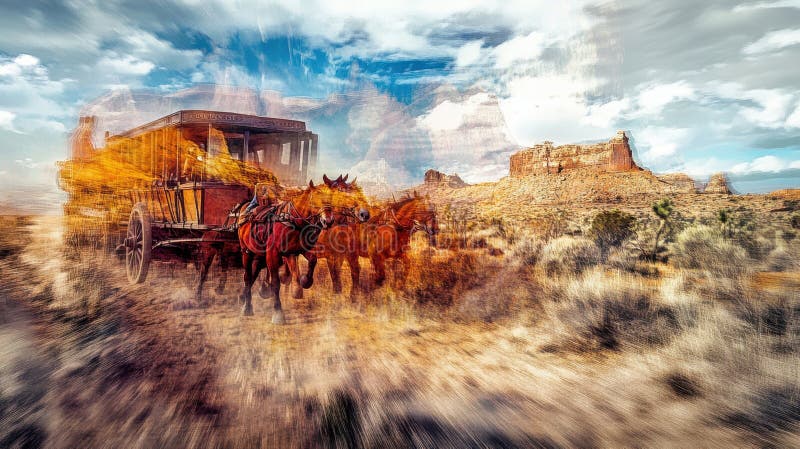Dynamic Western Scene with Horse-Drawn Stagecoach and Rugged Landscape ...