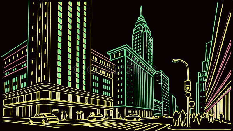 Dynamic Wide-angle View of a City Street at Night, Vector Design ...