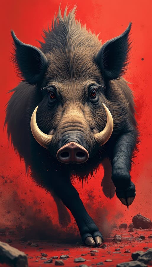 Dynamic Wild Boar Charging through a Dramatic Red Landscape Stock Image ...