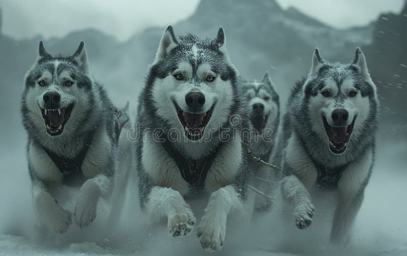 Dynamic Winter Adventure with Huskies Pulling a Sled through Snowy ...